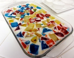 Once solid, cut the flavors of jello into LARGE blocks and mix together ...
