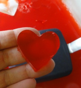 Using a small heart cutter, cut out Jell-o pieces and serve.